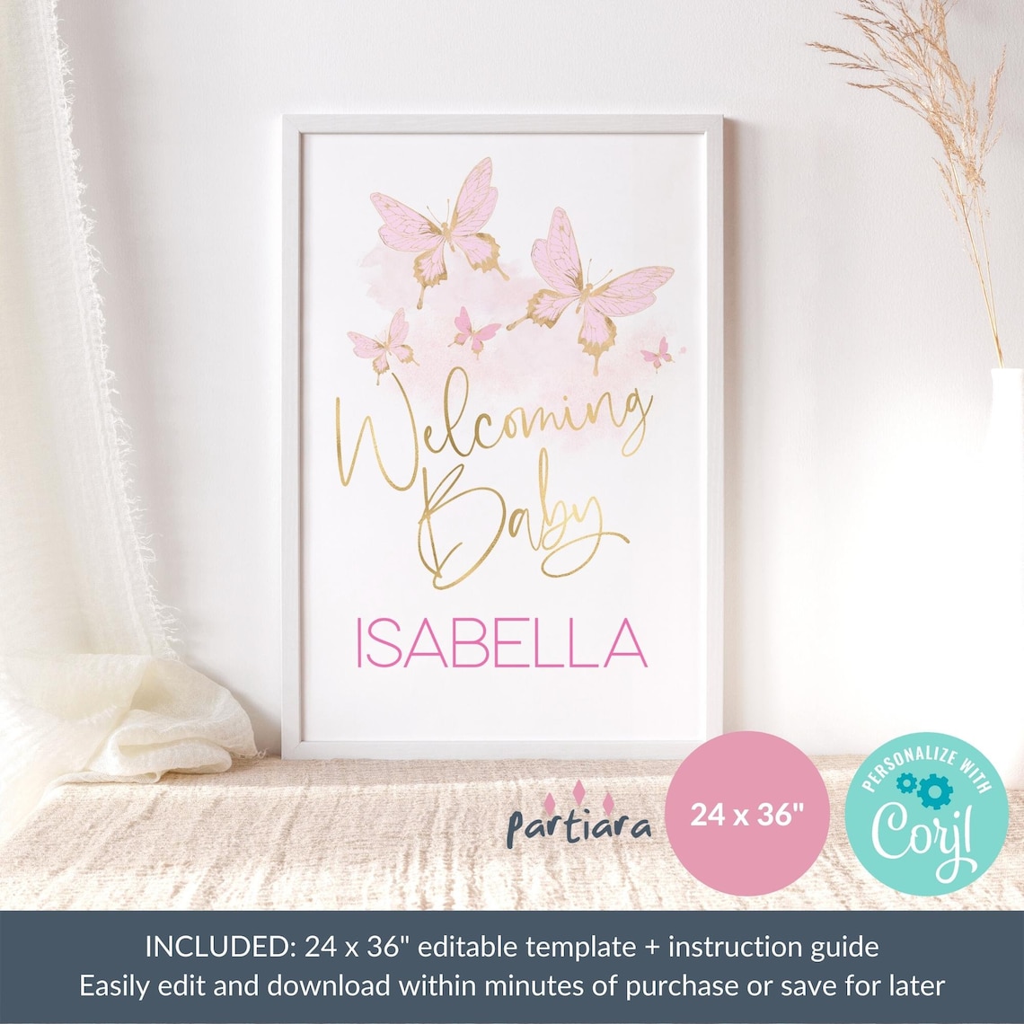 Welcome Baby Sign Printable Girl Baby Shower Butterfly Party Poster ...