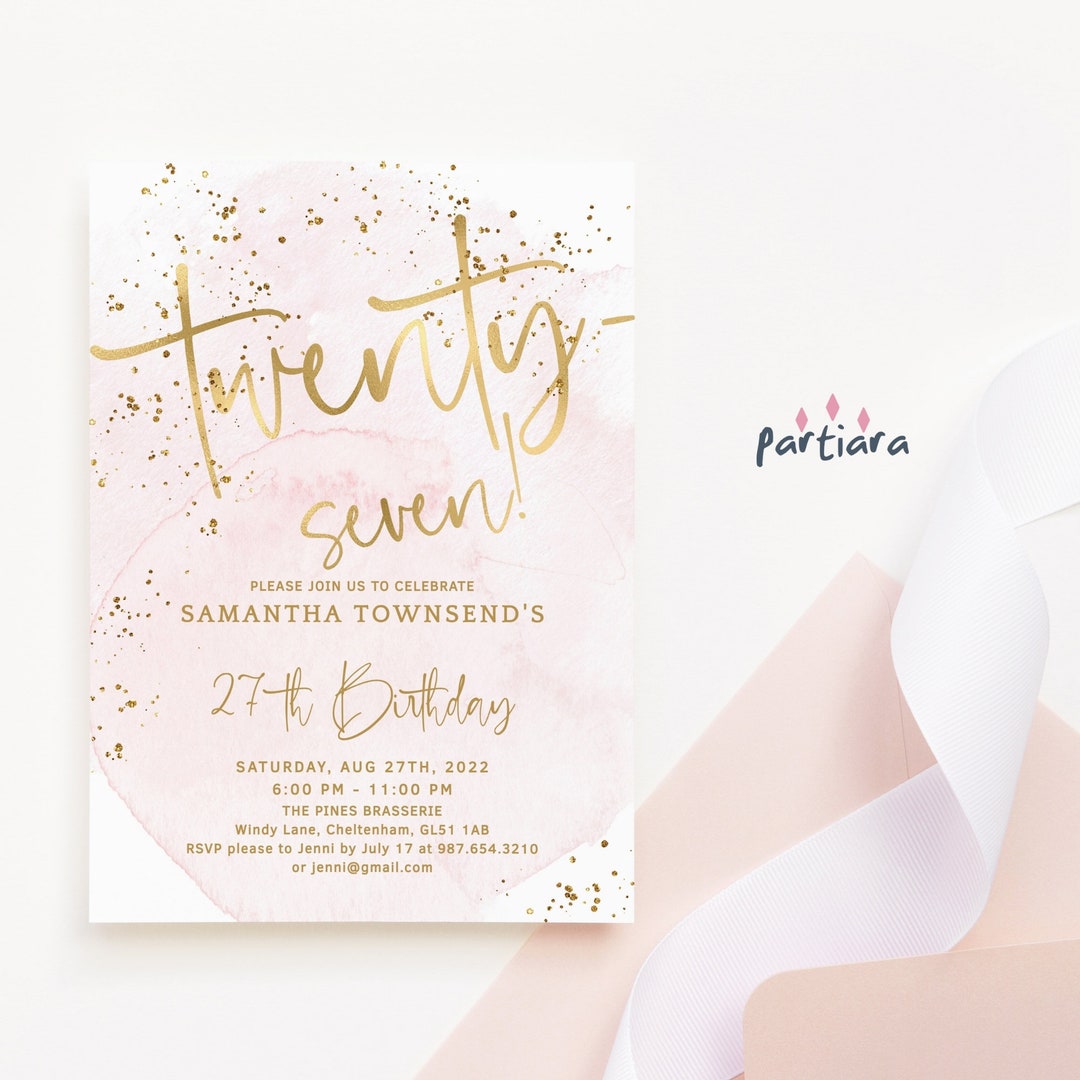 27th Birthday Invitation Pink Brunch Party Invites for Ladies, Pastel ...