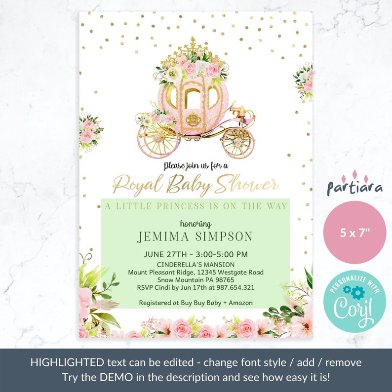 Editable Princess Baby Shower Invitation Printable, Fairytale Carriage ...