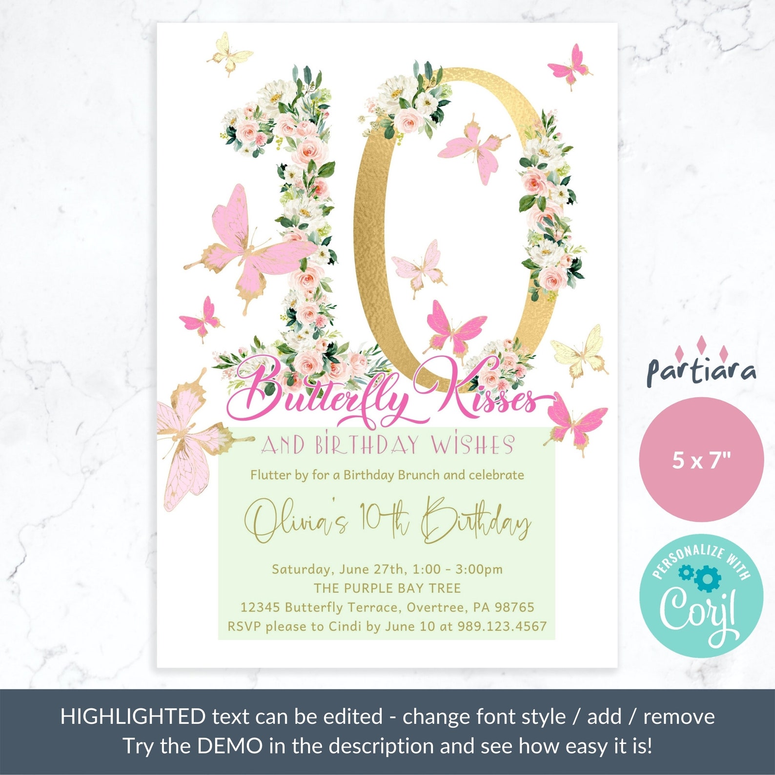 Girl 10th Birthday Invitation Printable Butterfly Floral Party | Etsy UK