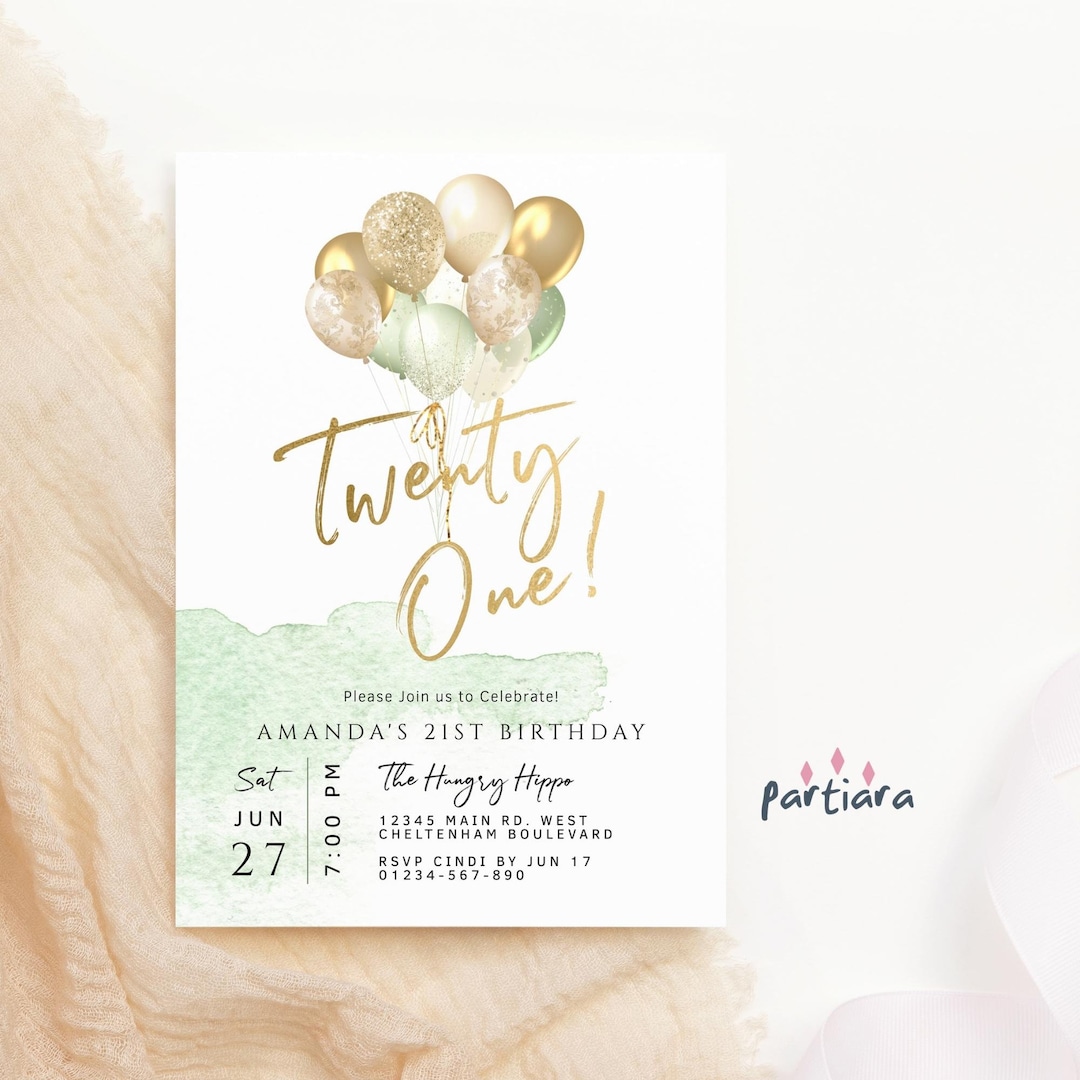 Mint Green 21st Birthday Invitations for Her Printable Sage Gold ...
