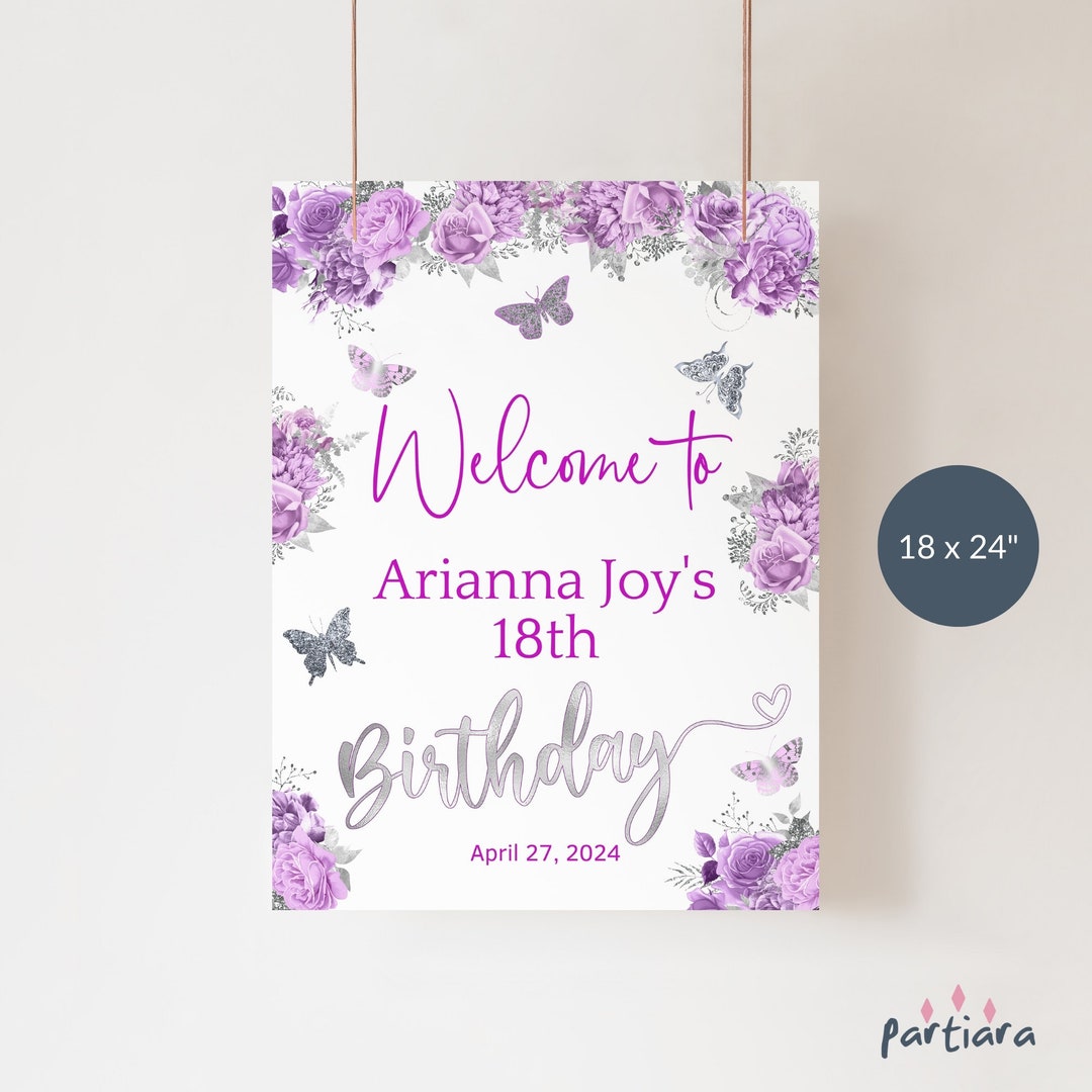 Butterfly Birthday Sign Welcome Party Printable, Girls Purple Floral ...