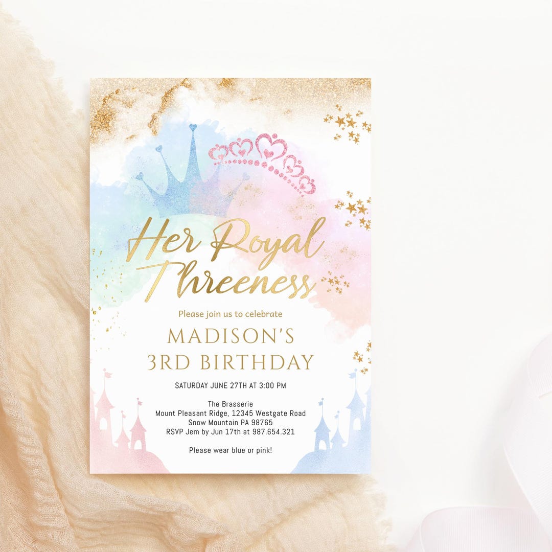 Girl Royal 3rd Birthday Invitation Printable Princess Pastel Fairytale ...