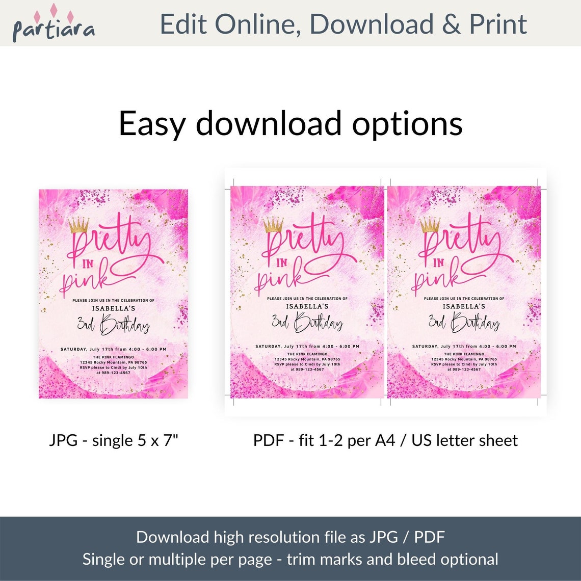 Pretty in Pink Invitation Editable Girl Birthday Party Invite Template ...