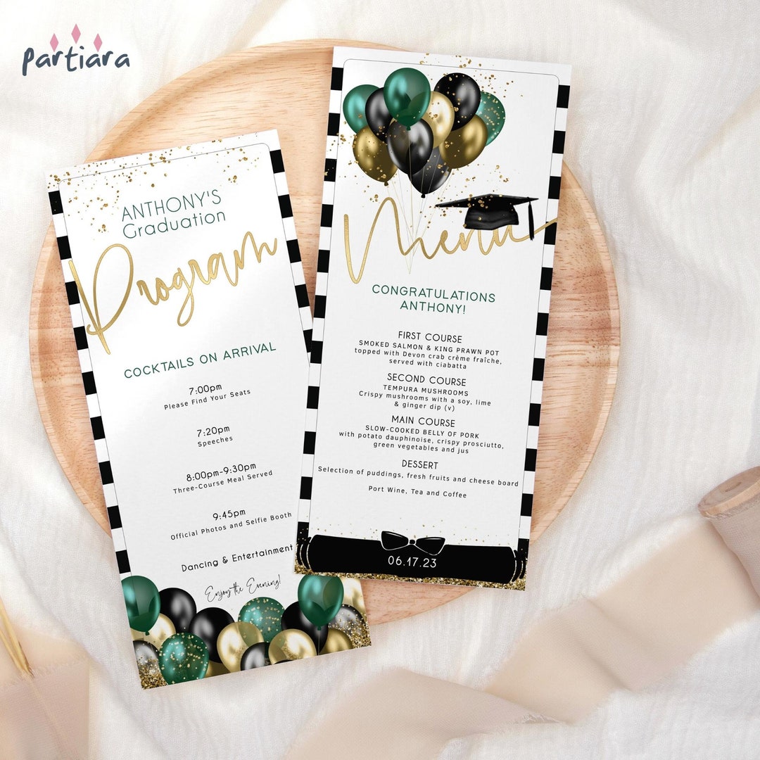 Green Gold Graduation Party Menu Program Template Editable Men Ladies ...