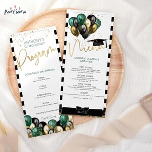 Green Gold Graduation Party Menu Program Template Editable Men Ladies ...