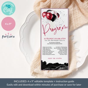 Red Black Silver Program Card Printable Men or Ladies Retirement Party ...