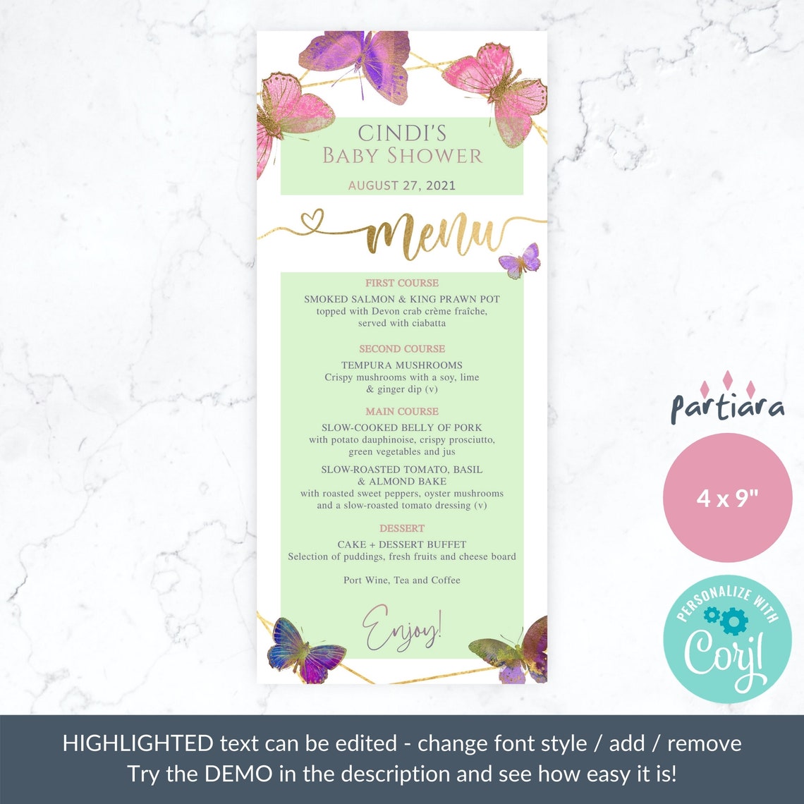 Butterflies Menu Card Editable Template Girl Baby Shower 1st | Etsy