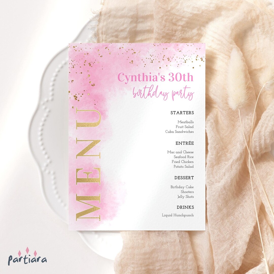 Editable Ladies Birthday Menu Candy Pink and Gold Brunch Lunch Dinner ...