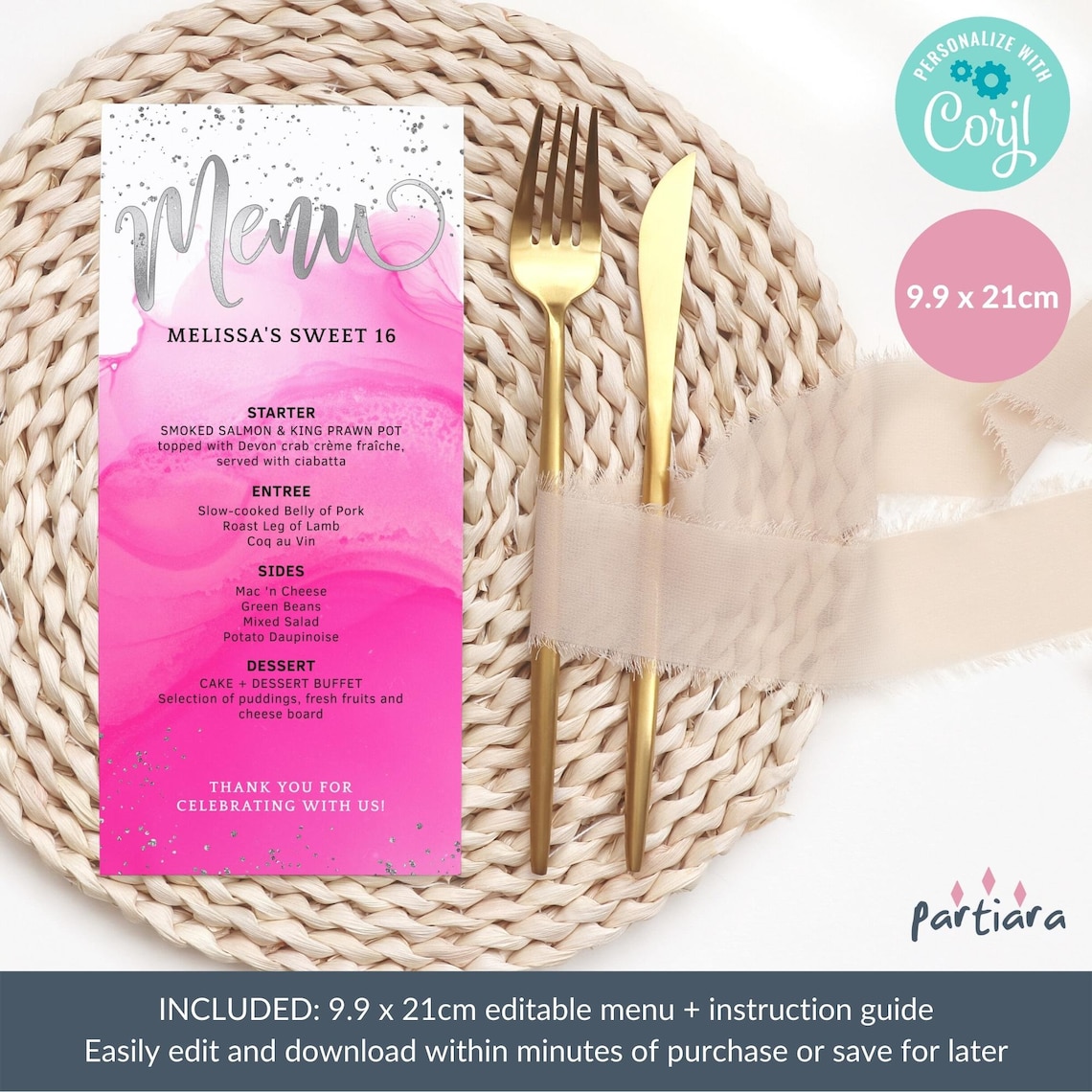 Fuchsia Pink Silver Menu Card Printable Teen Girls Ladies Hot Pink ...