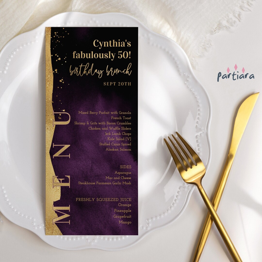 Royal Purple Gold Menu Card Editable Birthday Menus Bridal Wedding ...