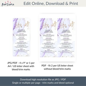 Lavender Gold Menu Ladies Editable Birthday Menus Pastel Lilac Purple ...