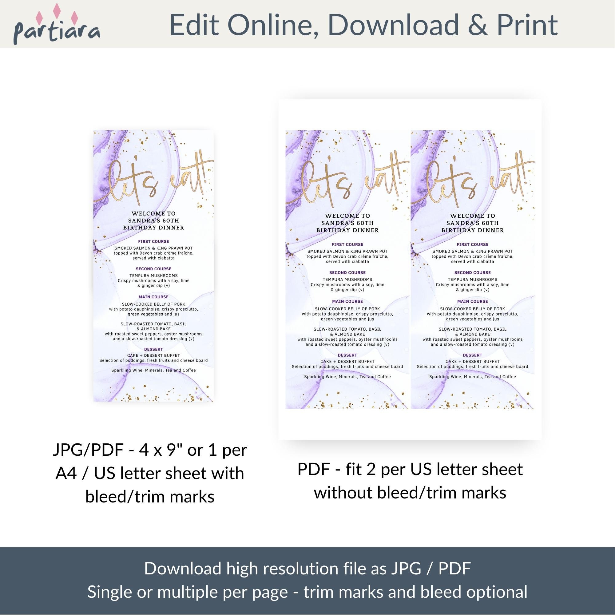 Purple Birthday Menu, Dinner Party Table Menus Printable, Ladies or ...