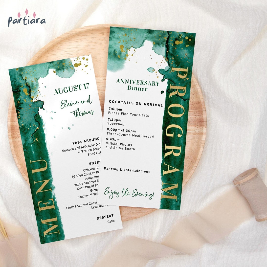 Green Birthday Program Template With Menu Cards, Emerald Gold Dinner ...