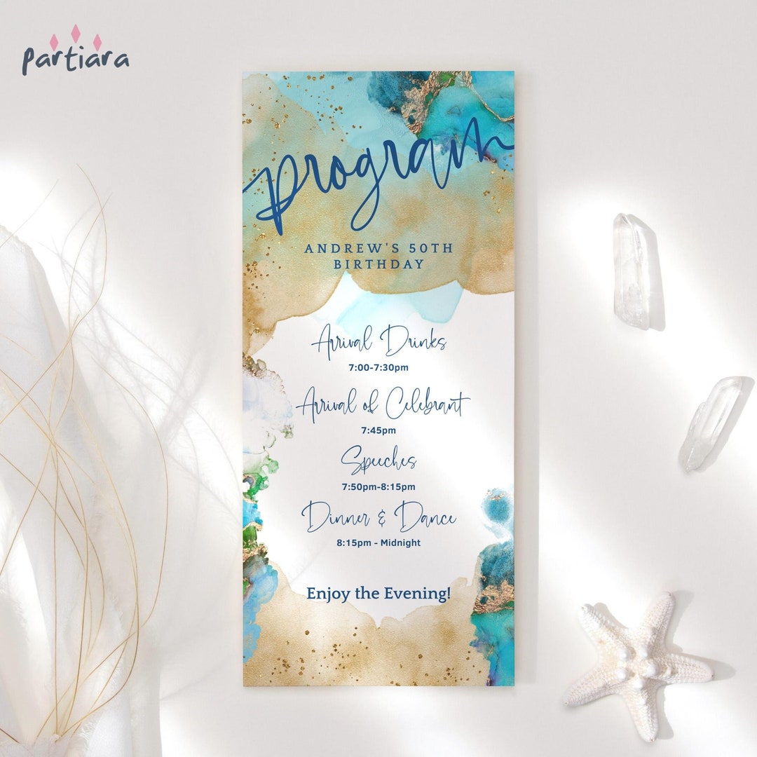 Beach Theme Party Program Card Printable Ladies Bridal Shower Teal ...