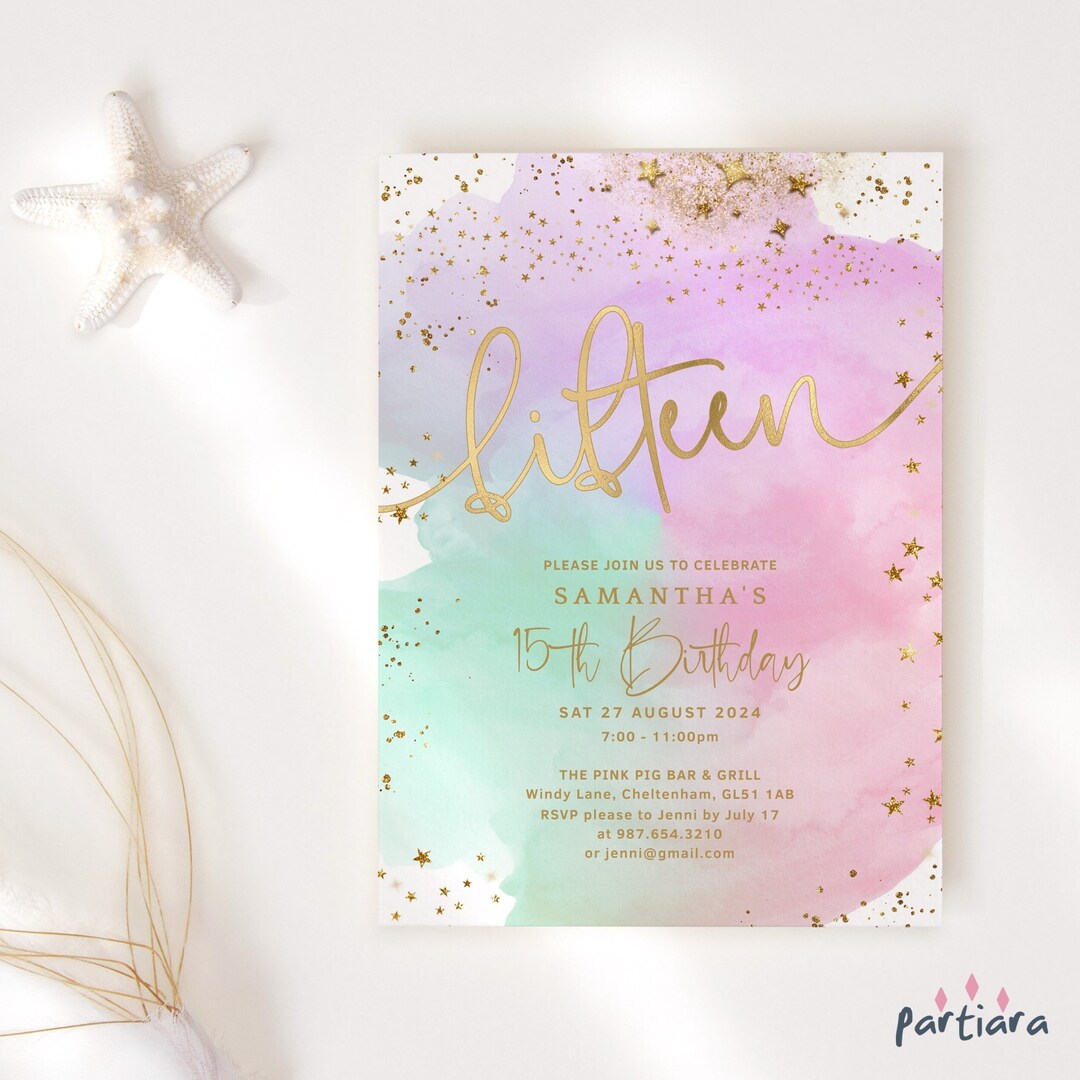 Pastel 15th Birthday Invite Printable, Girl Fifteenth Disco Dance Party ...