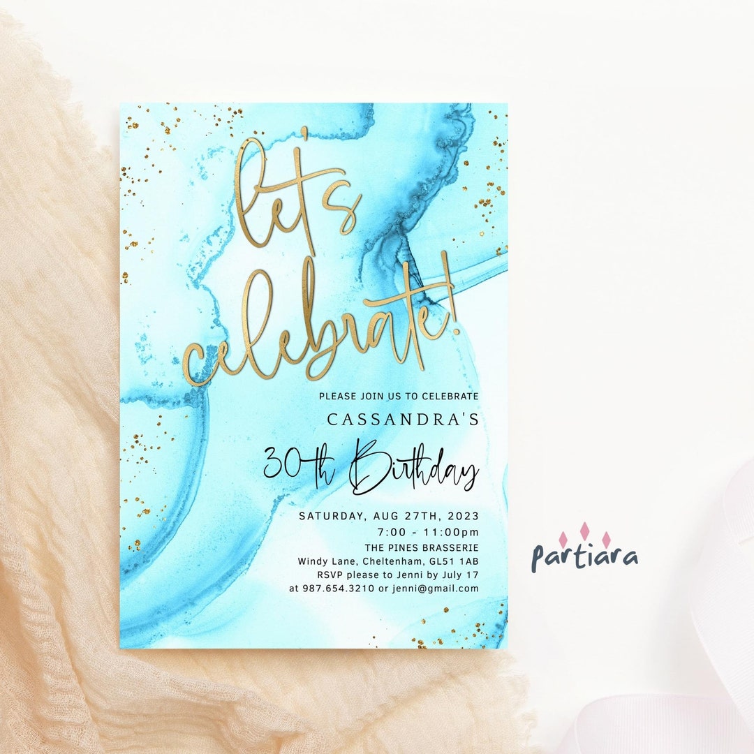 Let's Celebrate Birthday Invite Sky Blue Gold Ladies Brunch Lunch ...