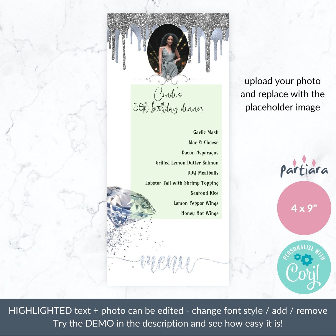 Birthday Diamond Menu Editable Photo Table Menus Printable - Etsy