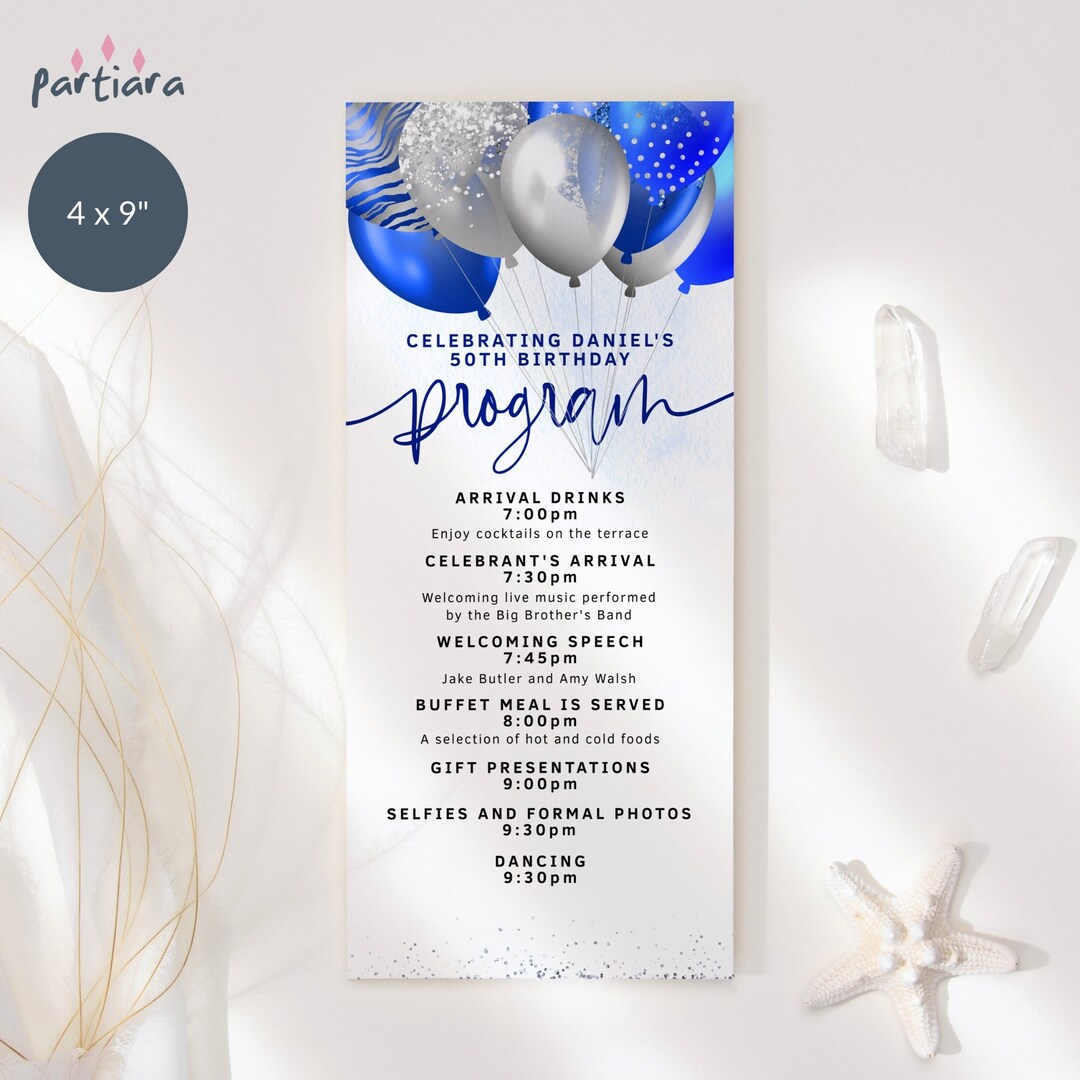 Royal Blue Program Cards Editable Silver Balloons Party Printable ...
