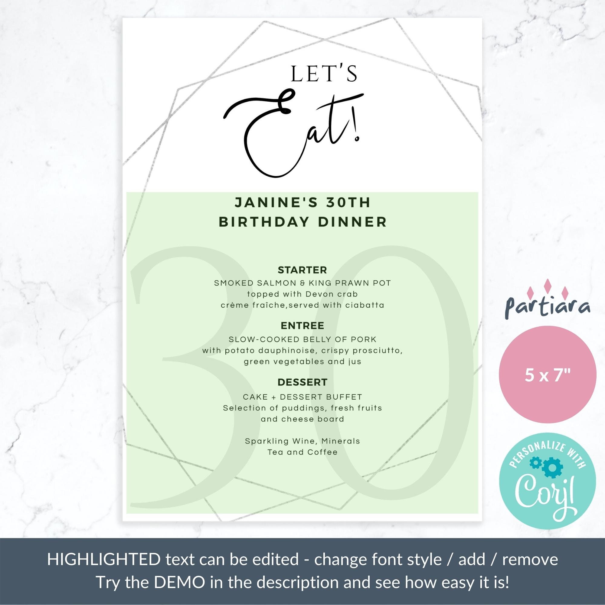 Birthday Menu Template Men or Ladies 30th 40th 50th 60th - Etsy
