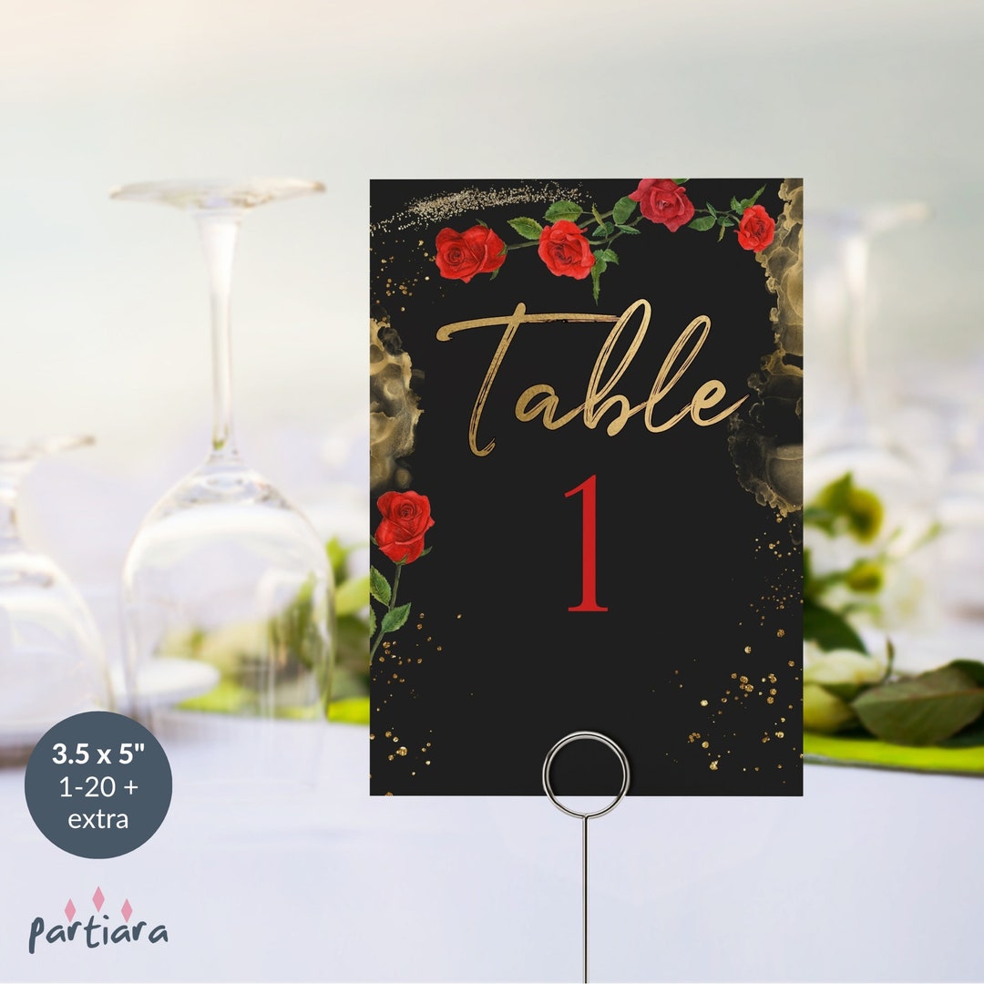 Red Gold Roses Table Number Cards Printable Ladies Birthday Dinner ...