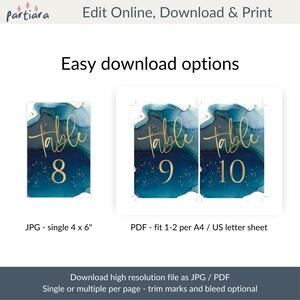 Teal Gold Table Number Cards Set 1-40 Editable Birthday Tables Bridal ...