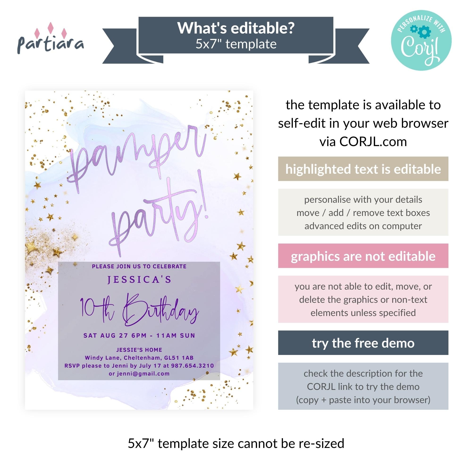 Girls Pamper Party Invitation Printable Lilac Purple Gold Birthday Spa ...