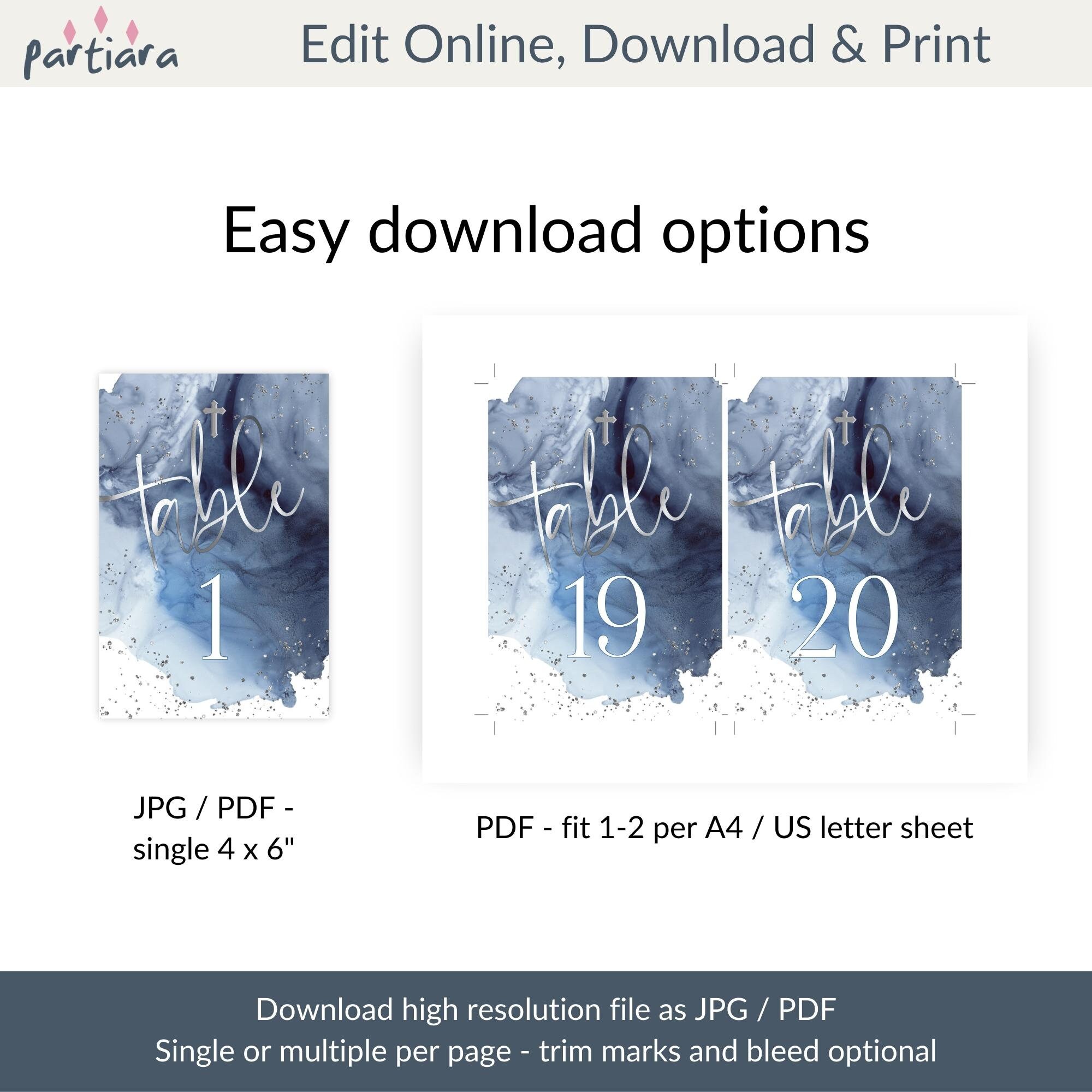 Navy Blue Silver Table Number Cards Printable Boys Holy - Etsy