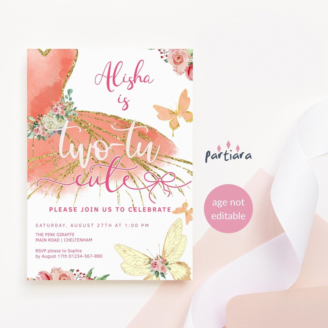 Tutu Cute 2nd Birthday Invitation Butterfly Party Printable, Two Tu ...