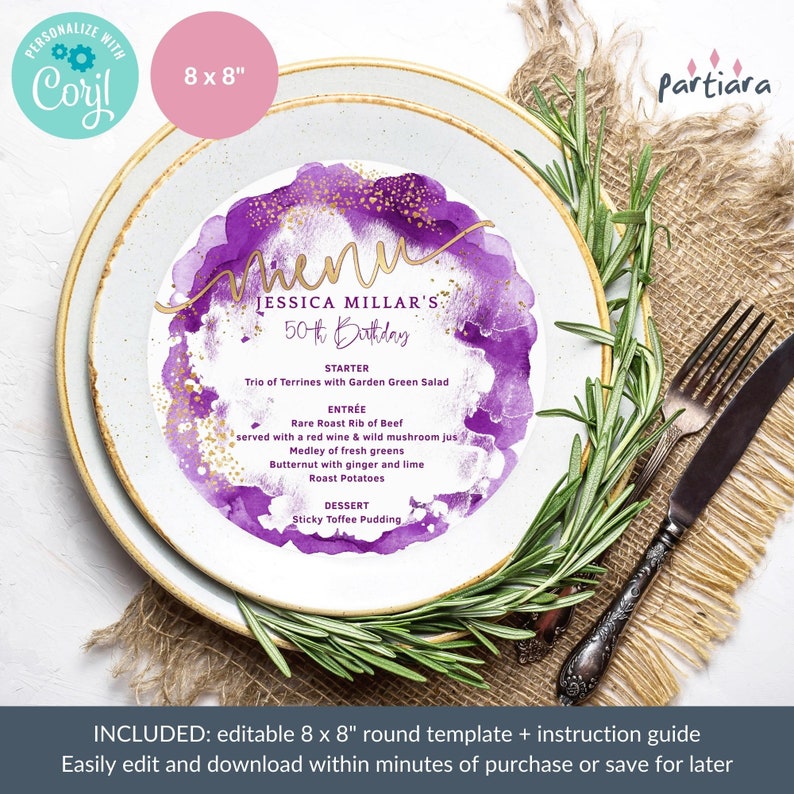 Purple Menu Plate Insert Charger, Birthday Dinner Party Round Circle ...