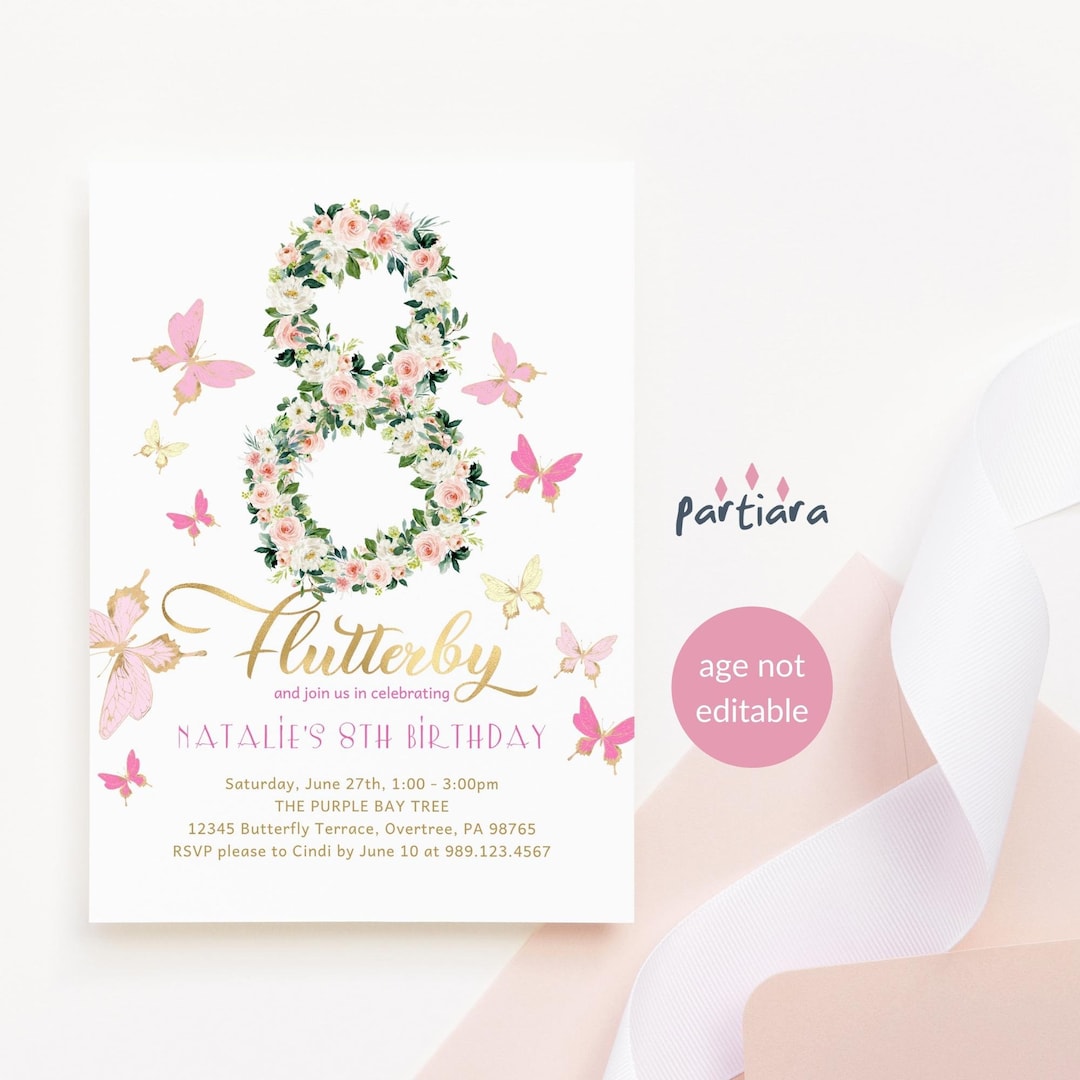 Invitation 8th Birthday Butterfly Party Printable for Girls, Blush Pink ...