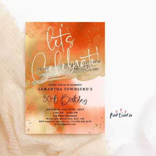 Orange Gold Birthday Invitation Printable Let's Celebrate - Etsy