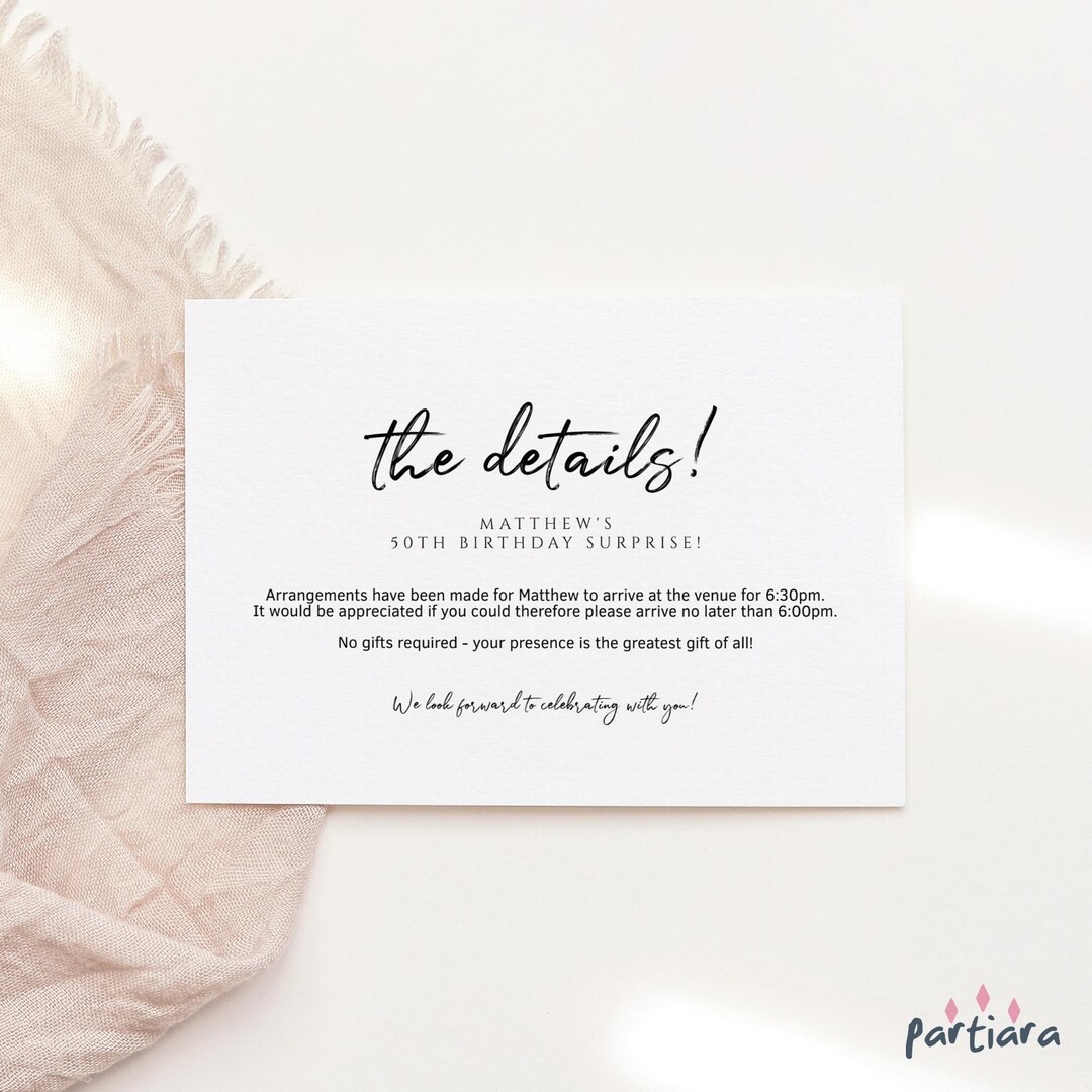 Birthday Invitation Details Insert Card Printable Men or Ladies All ...