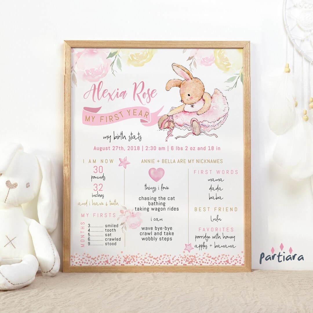 Bunny Milestone Board, 1st Birthday Milestone Poster Printable Girl ...