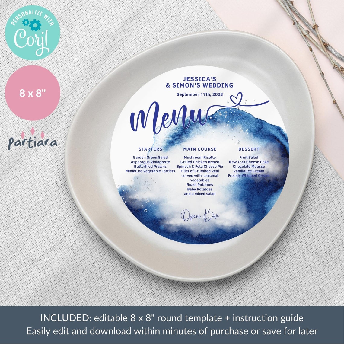 Blue Menu Plate Insert Card, Table Charger Menus Printable, Men or ...