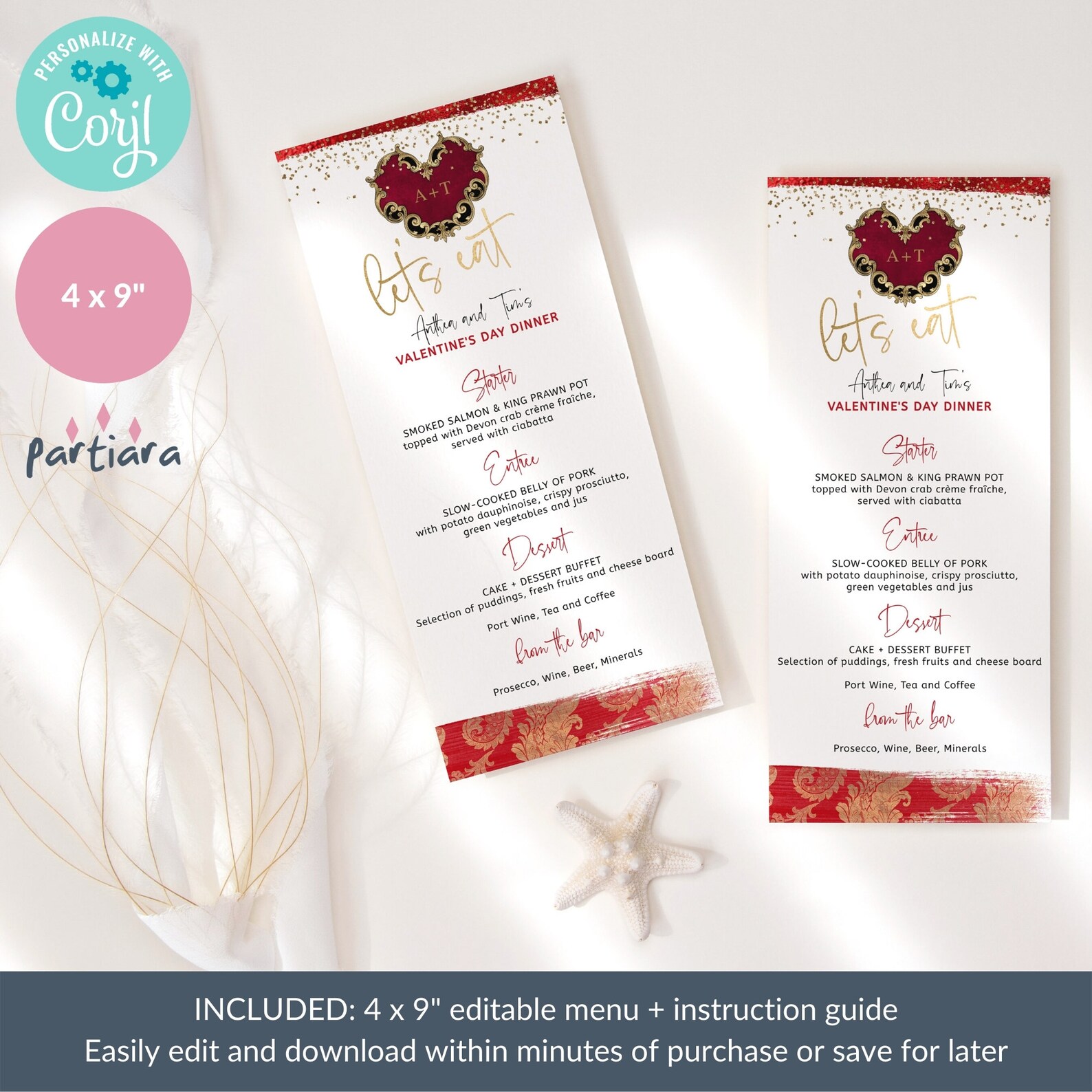 Red Gold Baroque Menu Card Printable Ladies Dinner Party Slim - Etsy
