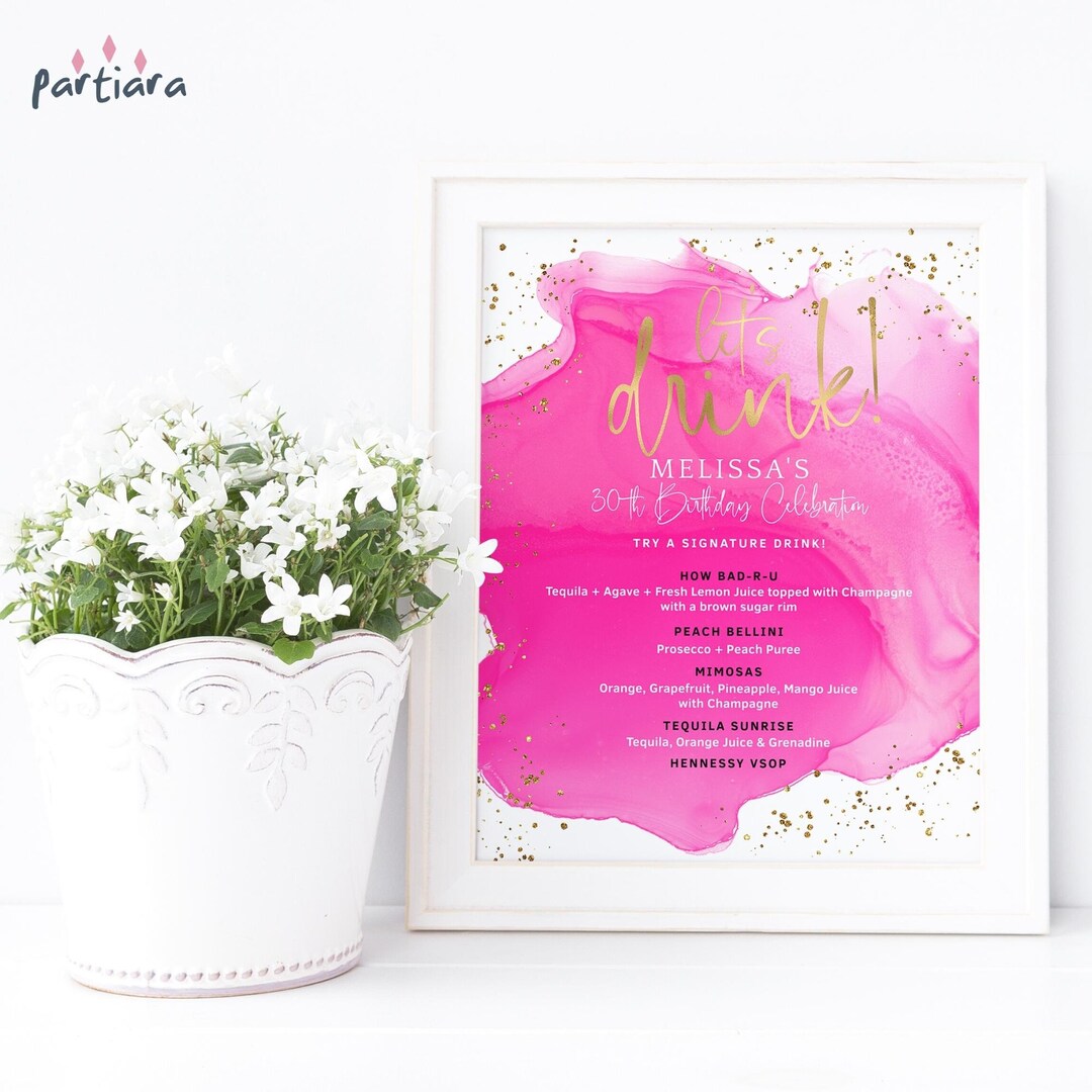 Fuchsia Pink Gold Birthday Drinks Menu Printable Signature Cocktail ...