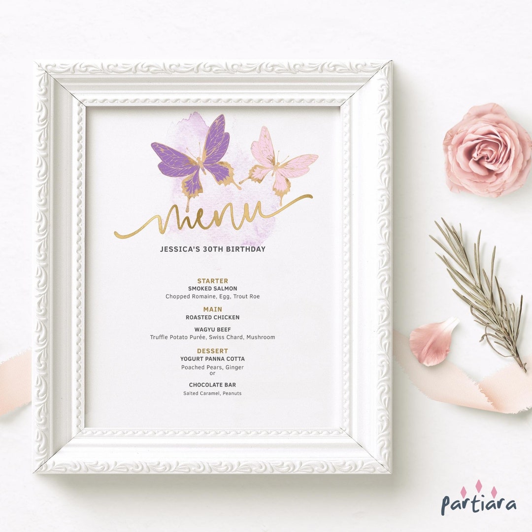 Editable Butterfly Menu Card Birthday Purple Pink Gold Tea - Etsy