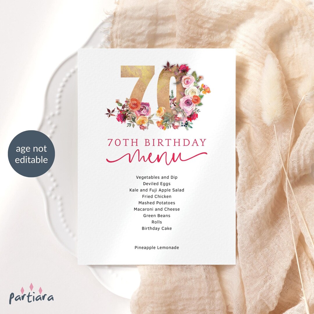Ladies 70th Birthday Menu Template, Brunch Lunch or Garden Party Table ...