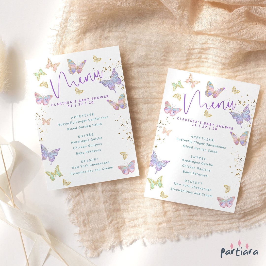 Pastel Butterfly Baby Shower Menu Cards Girl 1st Birthday Party Menus ...