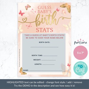 Baby Birth Stats Game Baby Shower Guessing Games Card Girl Butterfly ...