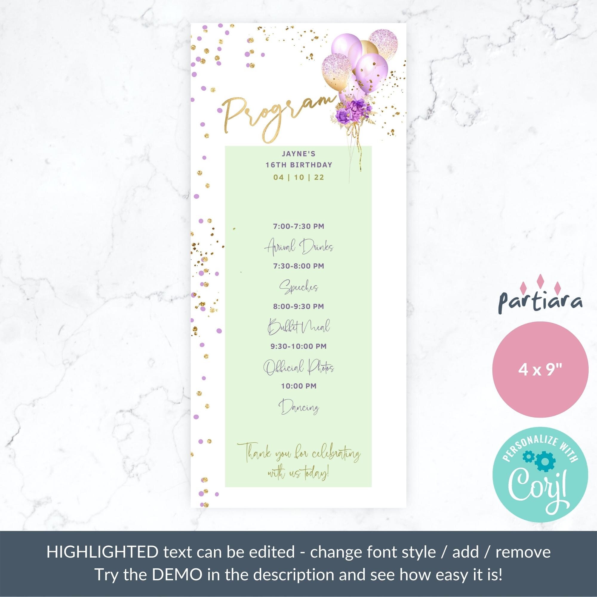 Ladies Program Card Editable Template Birthday Programs Printable ...