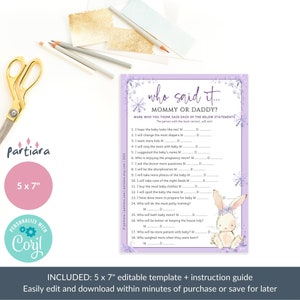 Lilac Snow Bunny Game Who Said It Mommy or Daddy Baby Shower Guessing ...