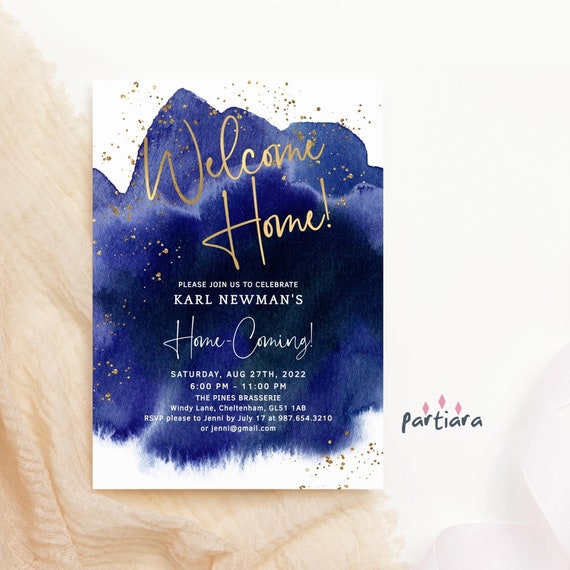 Welcome Home Party Invitation Printable Blue and Gold Home - Etsy