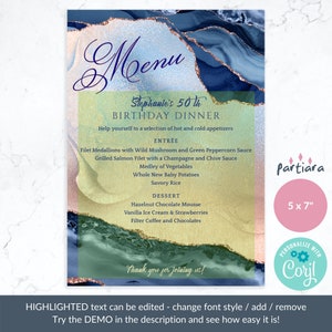 Editable Rose Pink Blue Menu Card Template, Ladies 50th 60th 70th ...