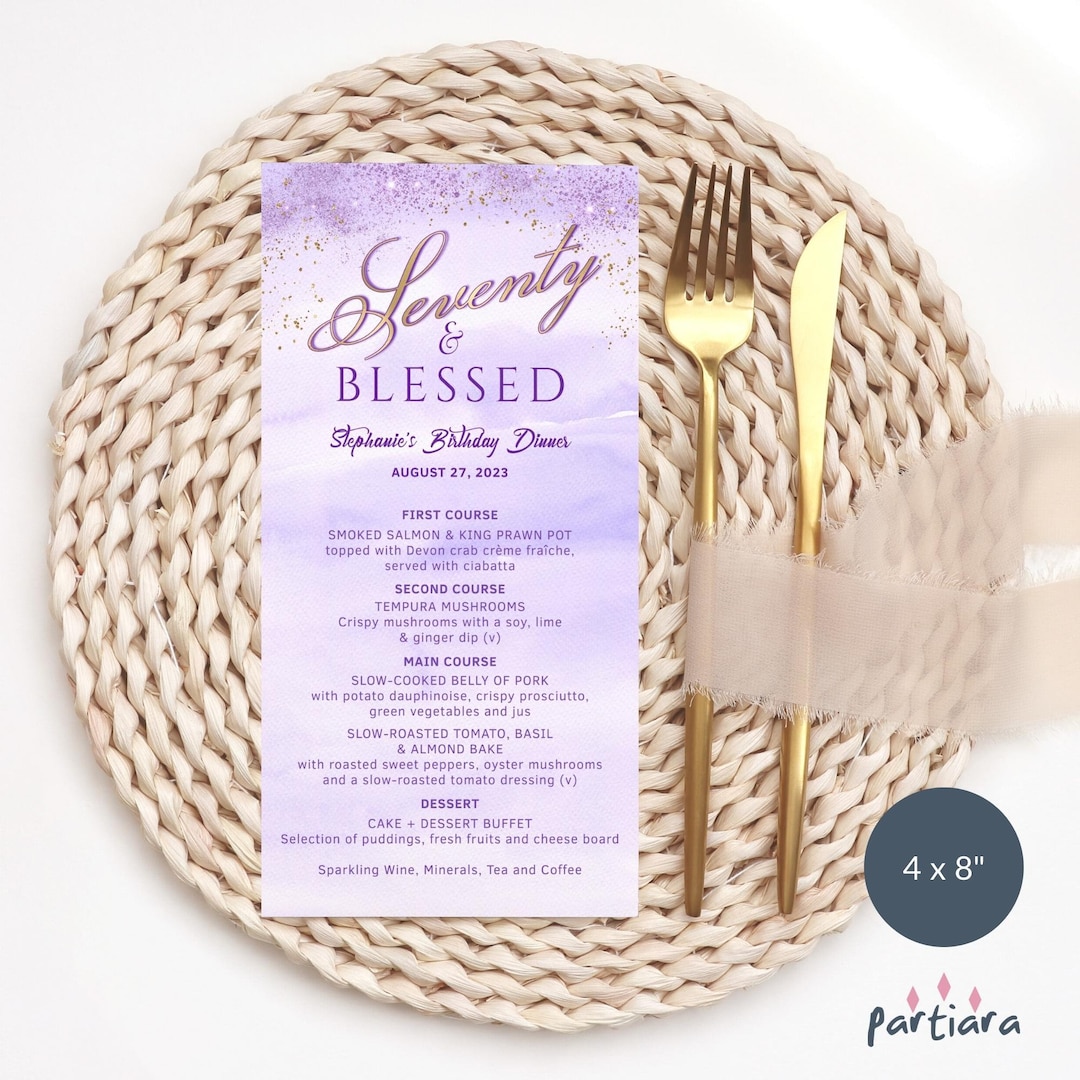 Editable 70th Birthday Menu Template, Seventy and Blessed Dinner Party ...