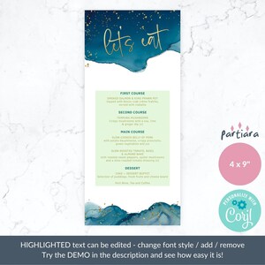 Teal Gold Party Table Menu Printable Ladies Mens Teens Birthday Dinner ...