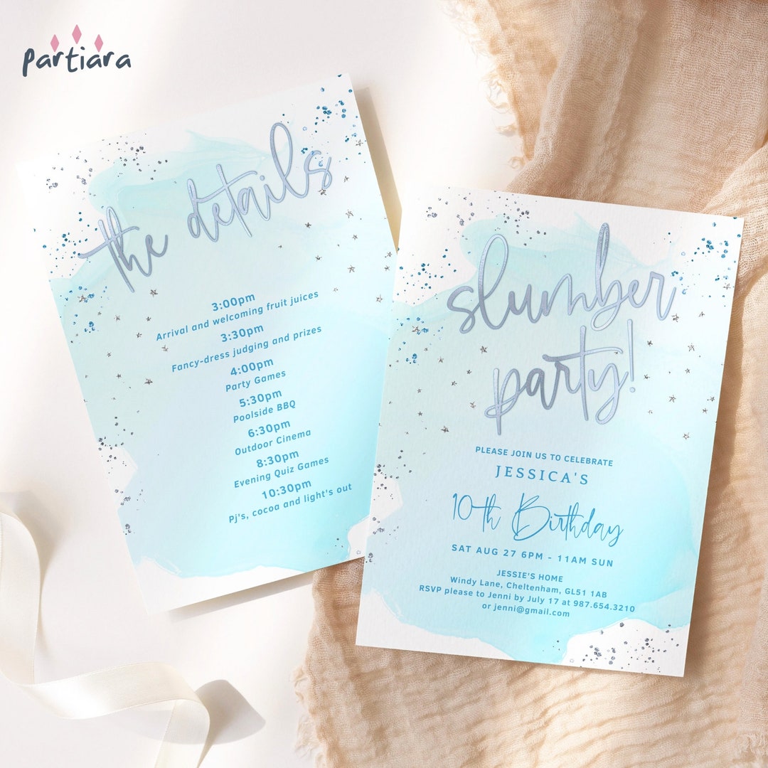 Blue Slumber Party Invitation, Winter Sleepover Weekend Itinerary ...