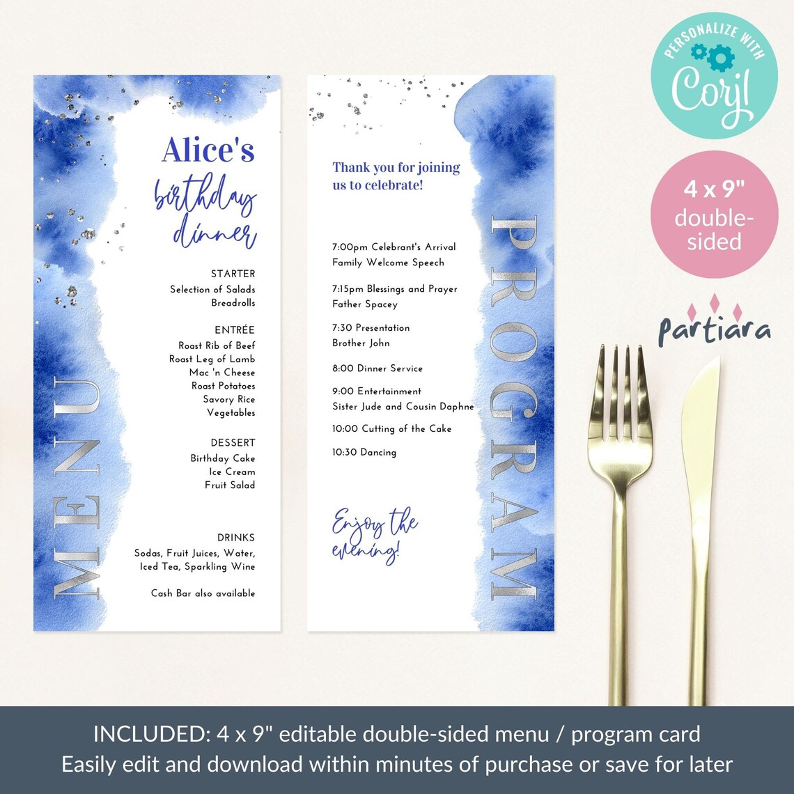 Royal Blue Program Menu Card Template, Teen Girls Birthday Menus ...