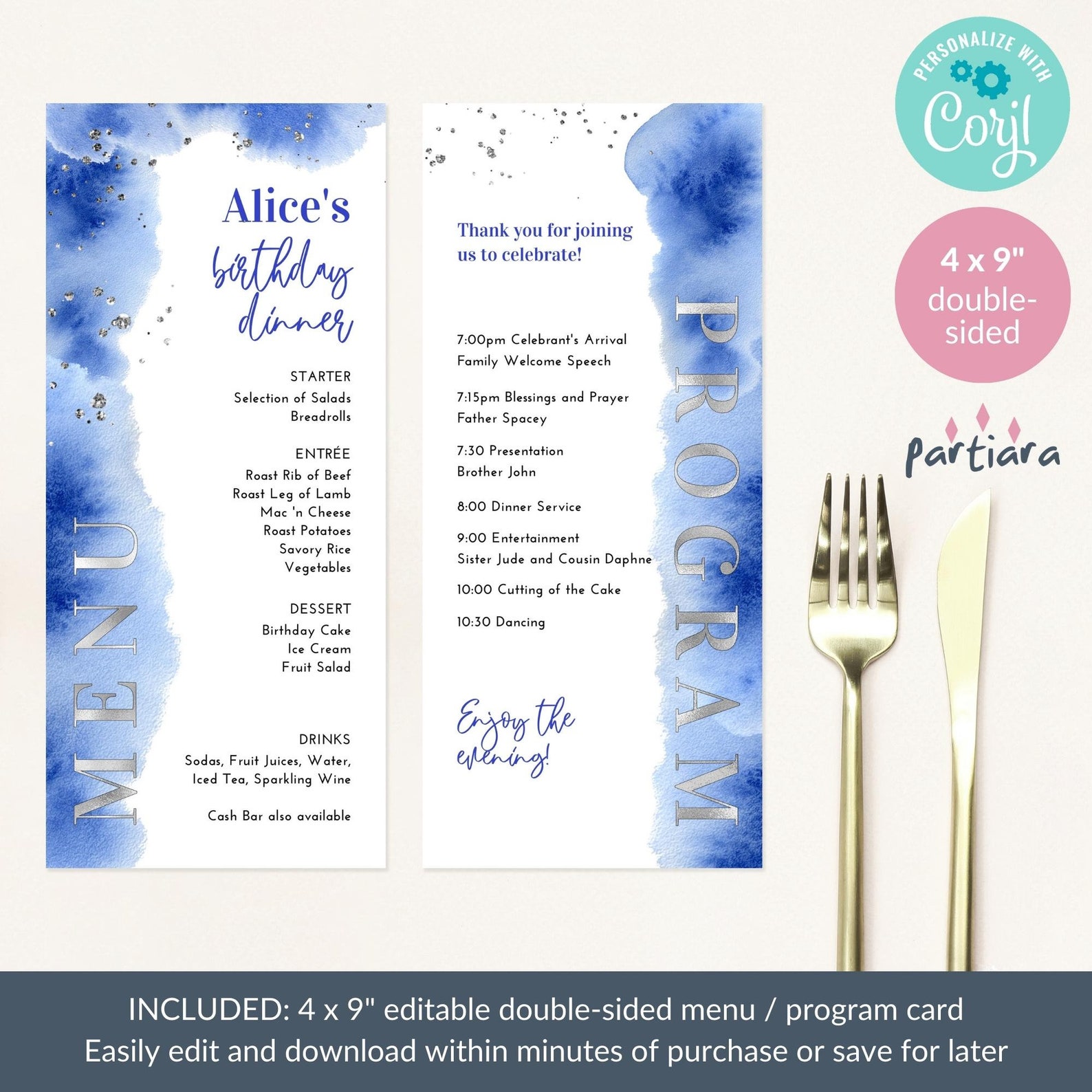 Royal Blue Program Menu Card Template, Teen Girls Birthday Menus ...